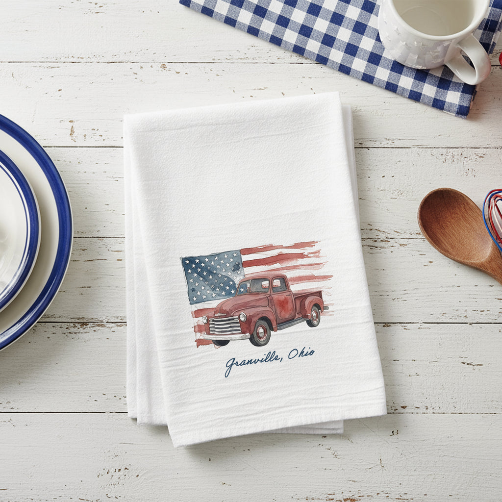 Watercolor American Flag & Red Truck - Custom Cotton Tea Towel ...